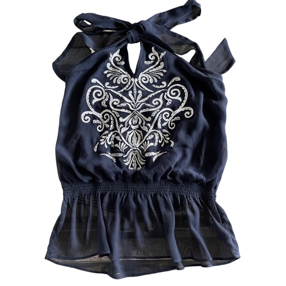 Cache | Tops | 254 Embroidered Cache Navy Blue Halter Top | Poshmark